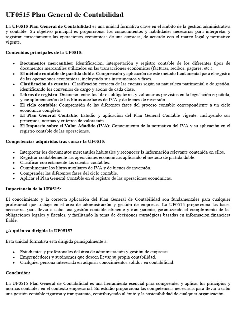 UF0515 Plan General Contabilidad | PDF