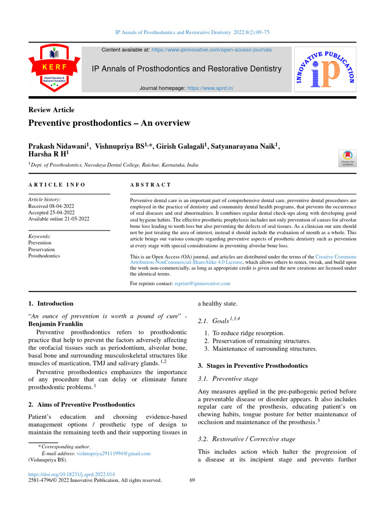 Preventive Prosthodontics - An Overview | PDF