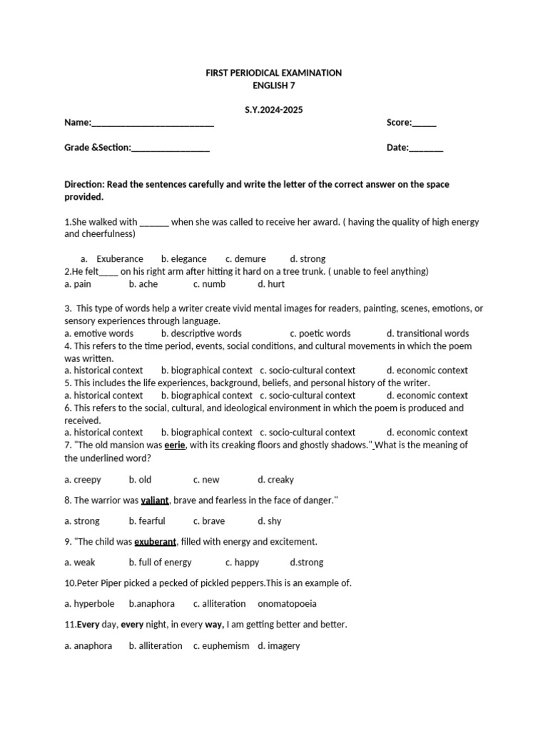 First Periodical Examination Eng7 | PDF | Poetry | Poetry