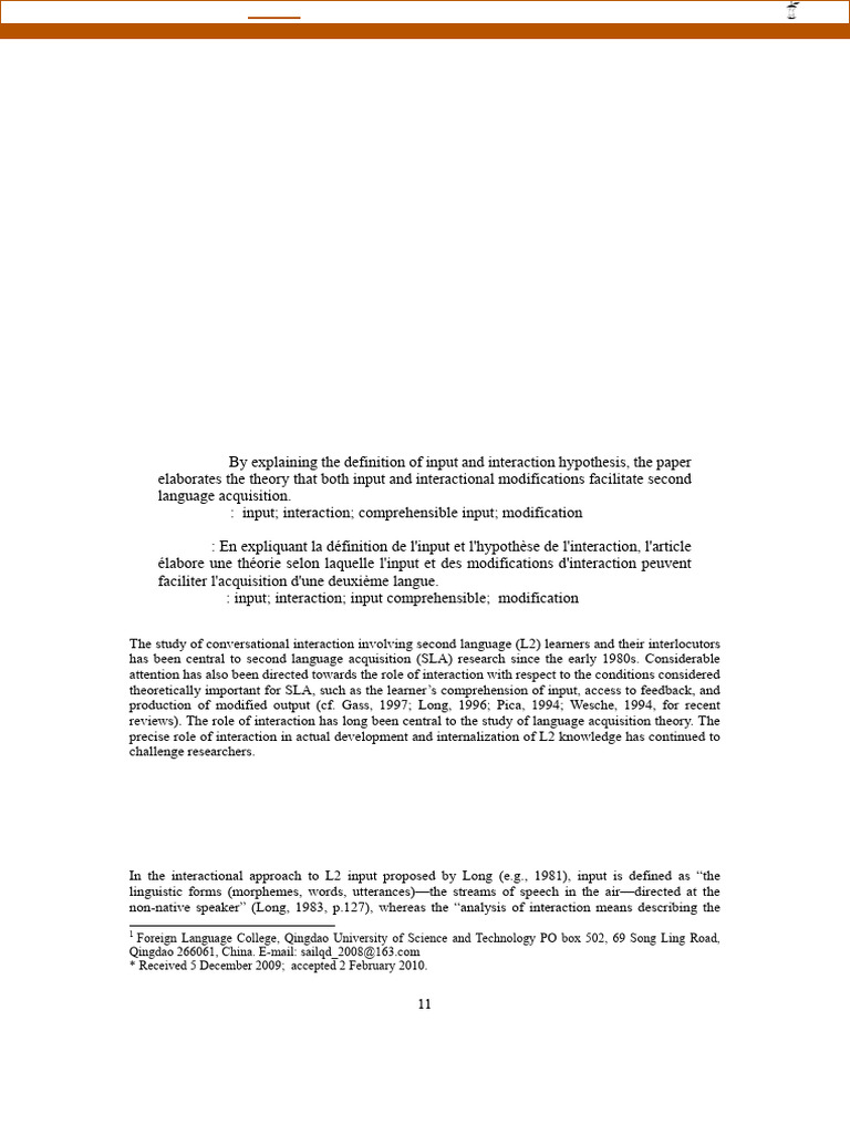 The Role of Input and Interaction in Second Language Acquisition | PDF