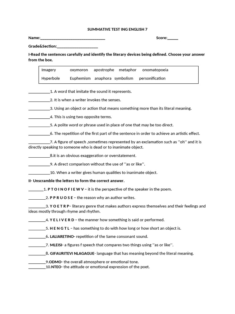 Summative Test Ing English 7 | PDF