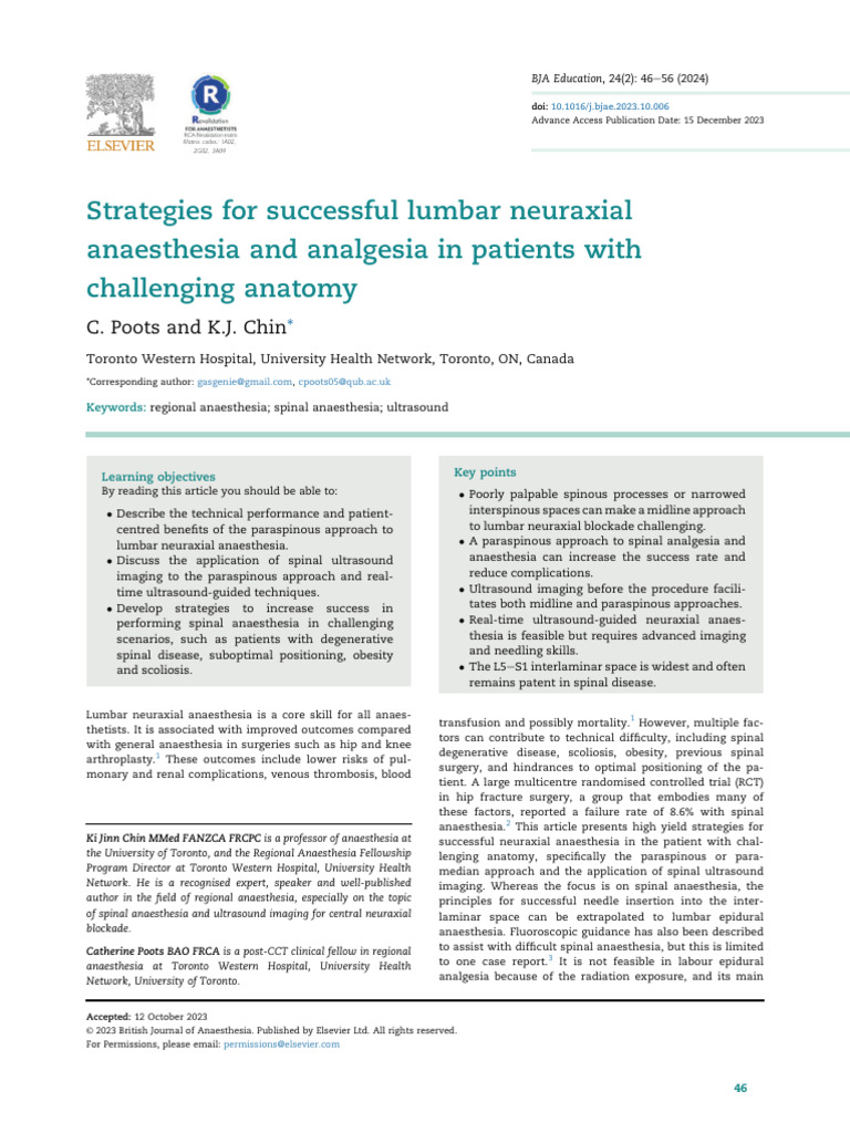 Lumbar Neuraxial A in Difficult Spines | PDF
