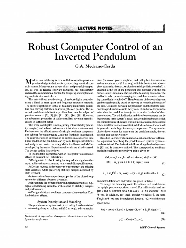 Robust Computer Control of An Inverted Pendulum | PDF