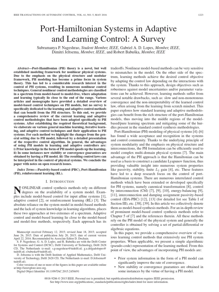 Port-Hamiltonian Systems in Adaptive and Learning Control A Survey | PDF
