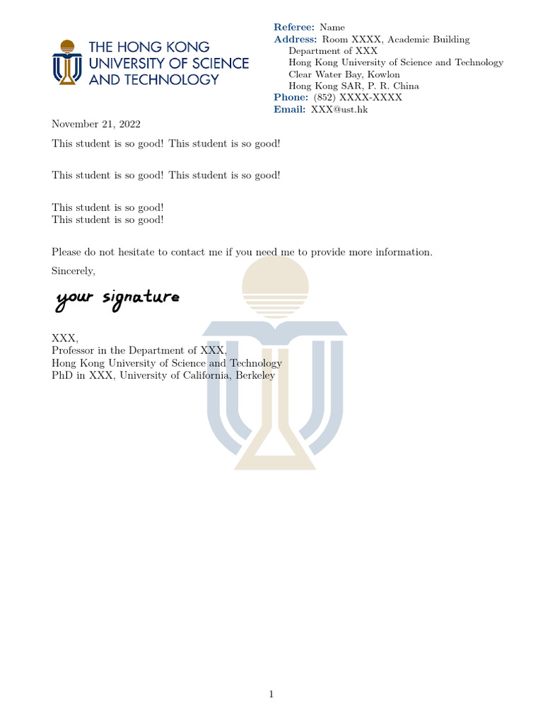 Hkust Reference Letter Template | PDF