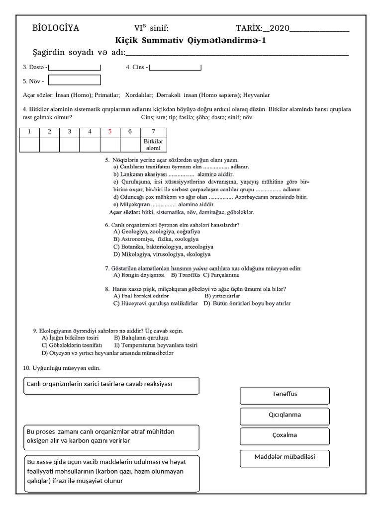 6cı Sinif Biologiya KSQ1 | PDF