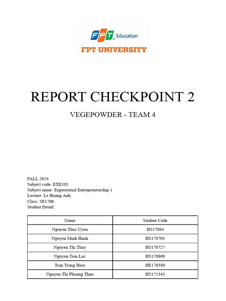 Report Checkpoint 2 - EXE101 - Nhóm Vegepowder | PDF