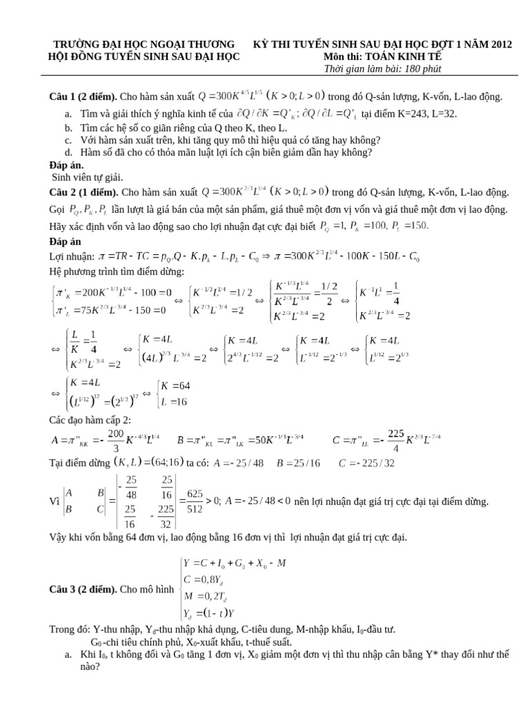 đề toán kinh tế 1 (ftu) | PDF