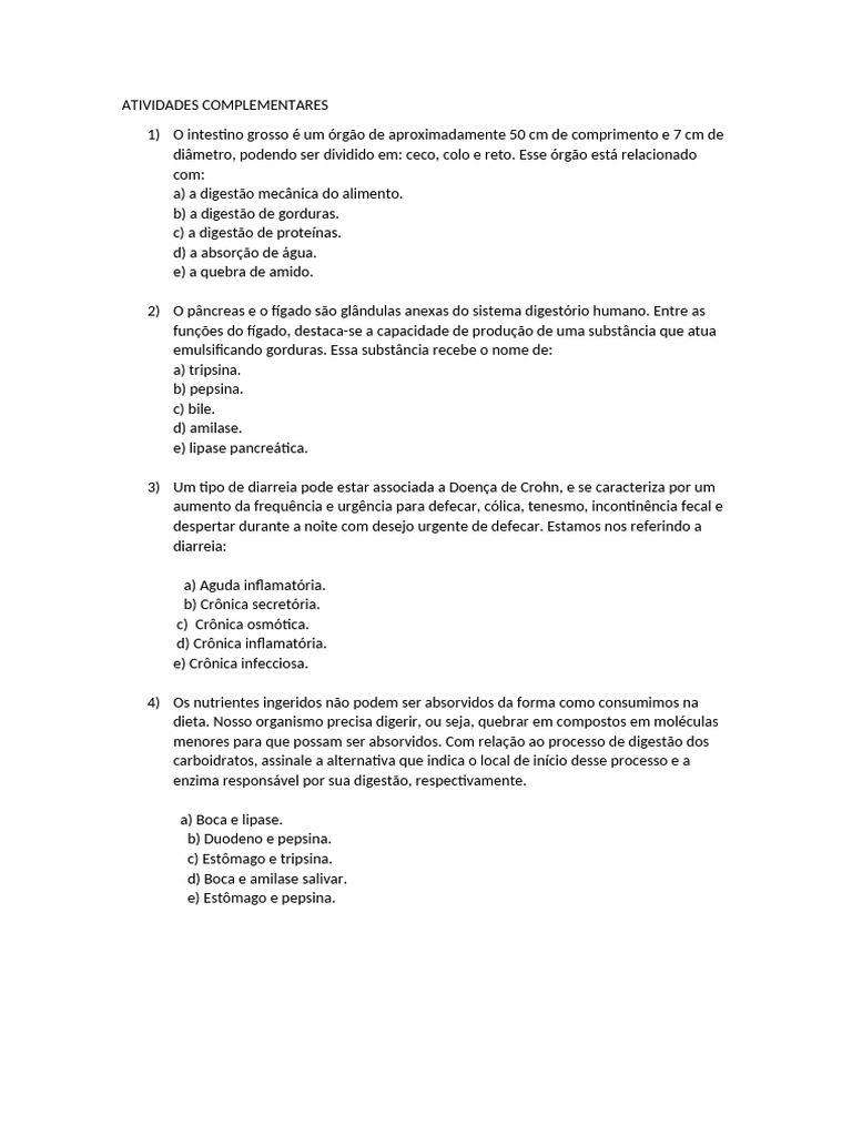 ATIVIDADES COMPLEMENTARES Do Sistema Digestorio | PDF
