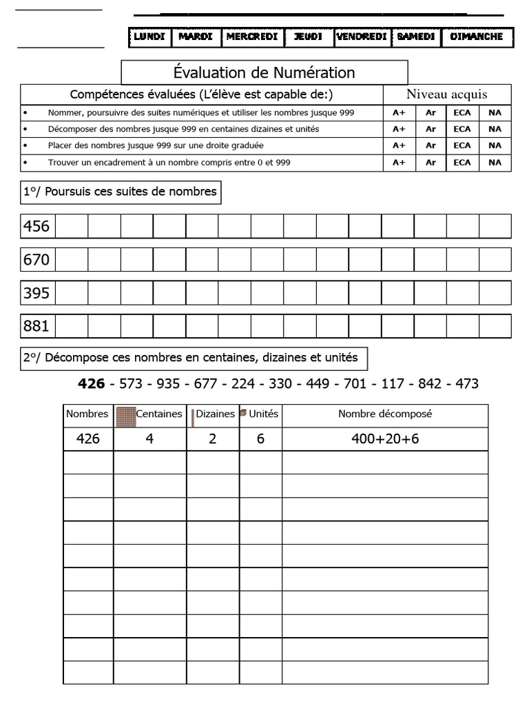 Evaluations Numération Calcul CE1 Période 4 | PDF