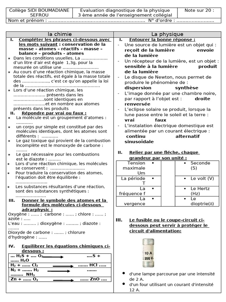 Evaluation Diagnostique Physique Chimie 3AC Modele Word 1 | PDF