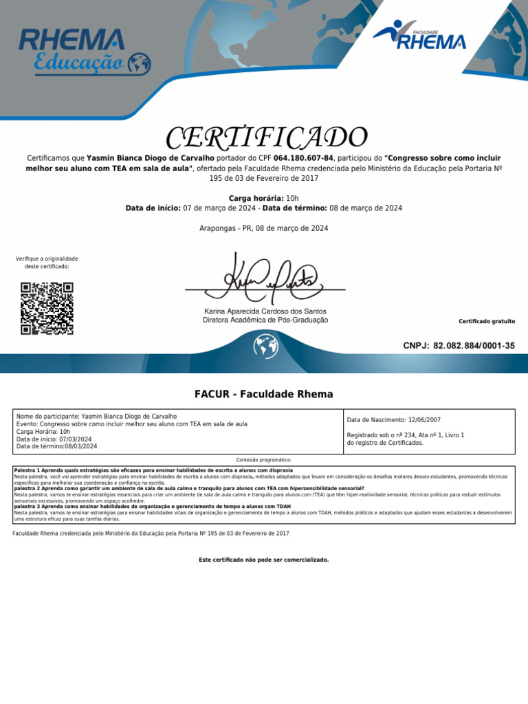 Certificado Congresso Sobre Como Incluir Melhor Seu Aluno Com TEA em Sala de Aula | PDF