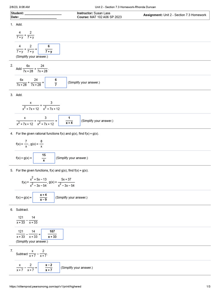 Unit 2 - Section 7.3 Homework-Rhonda Duncan | PDF