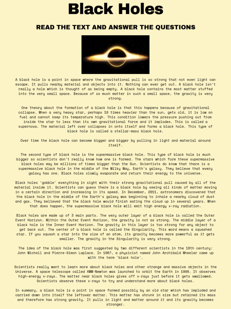 Black Holes Work Sheet | PDF