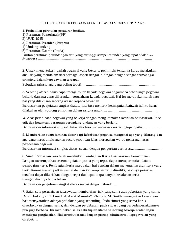 Soal PTS Otkp Kepegawaian Kelas Xi Semester 2 2024 | PDF