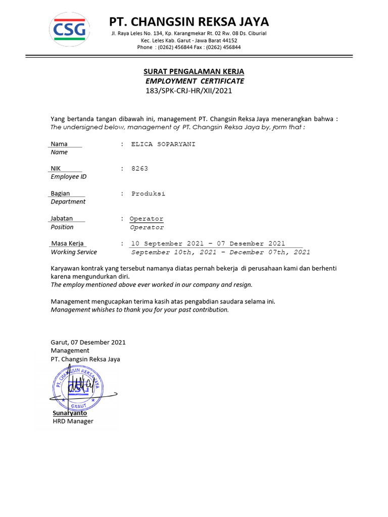 Paklaring Changsin Reksa Jaya | PDF