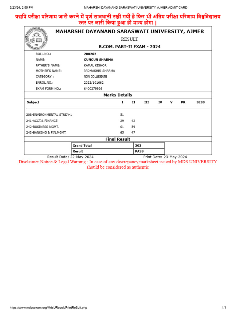 Maharshi Dayanand Saraswati University, Ajmer Admit Card | PDF