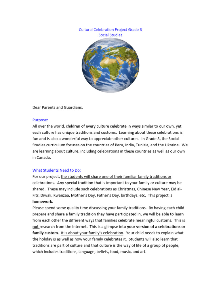 Cultural Celebration Project Grade 3 Social Studies: Purpose | PDF