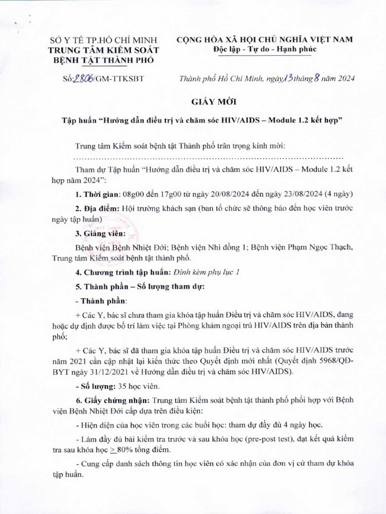 2024 2806 GM Tập huấn Hướng dẫn điều trị và chăm sóc HIV AIDS- Module 1.2 kết hợp | PDF