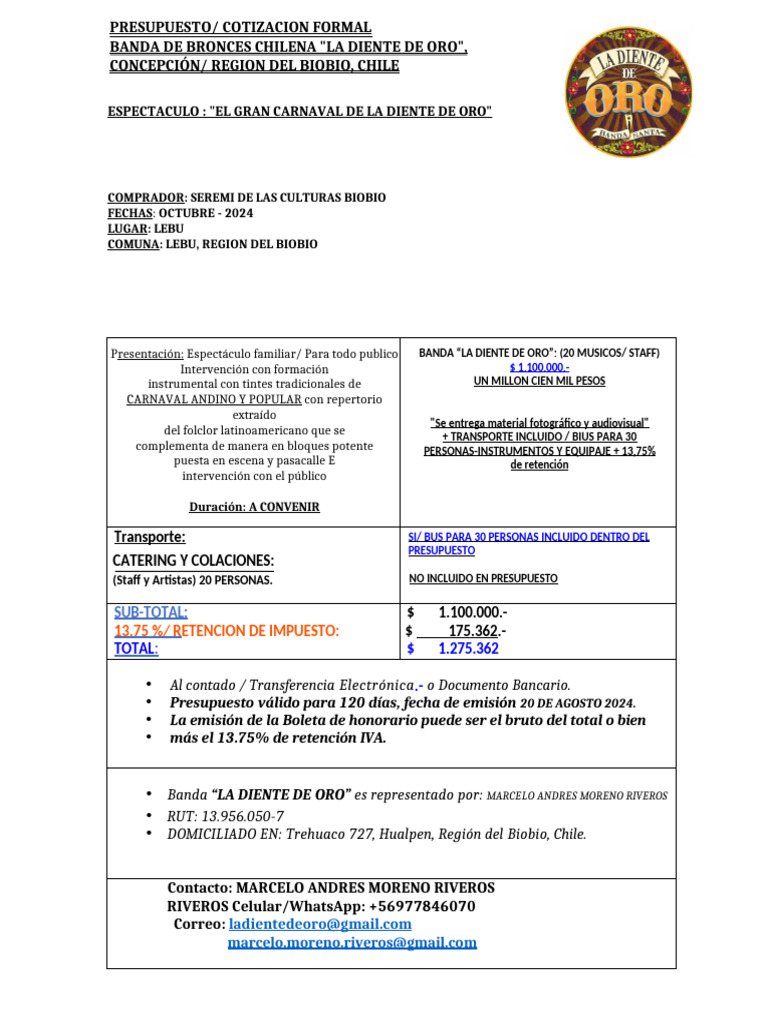 Cotizacion Formal Banda de Bronces La Diente de Oro - I Municipalidad ...