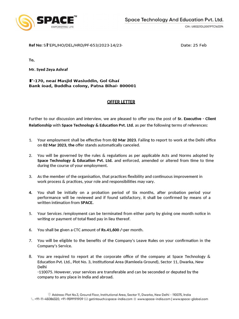 Offer Letter - Syed Zeya Ashraf | PDF | Employment | Finance & Money ...