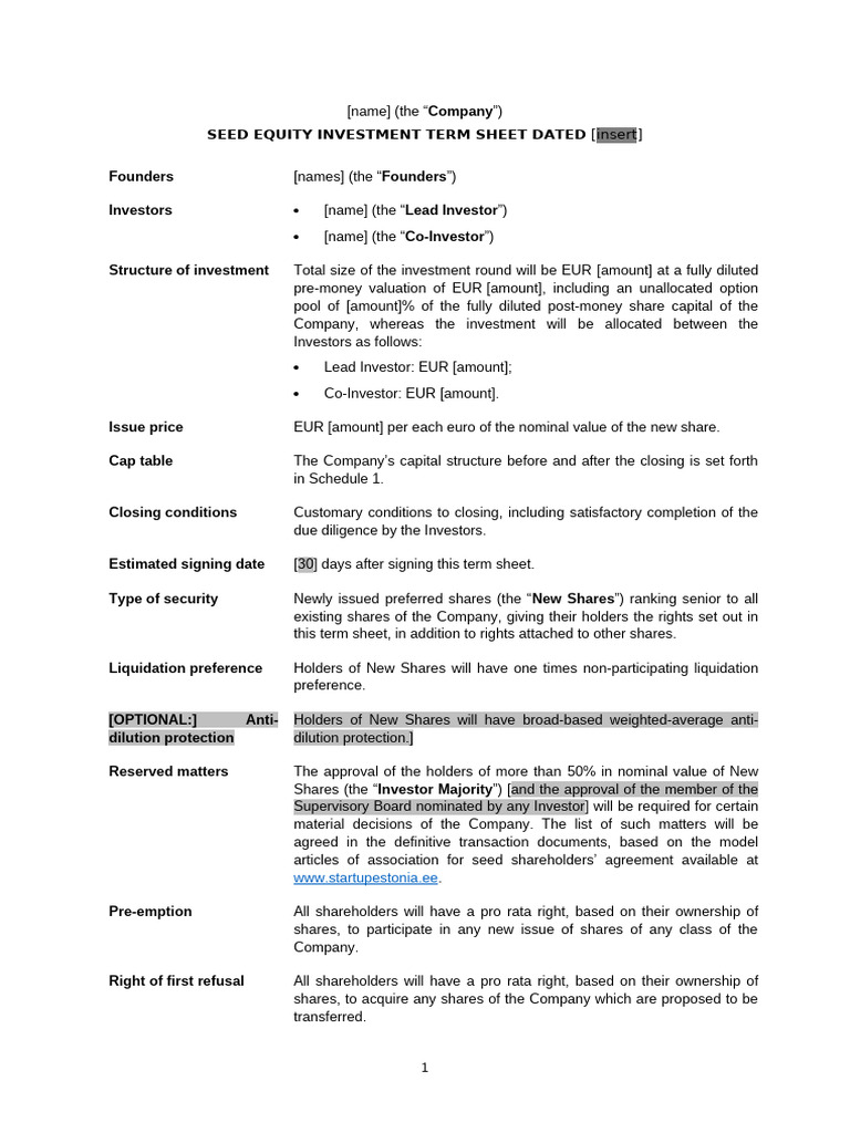 Seed Equity Investment Term Sheet | PDF