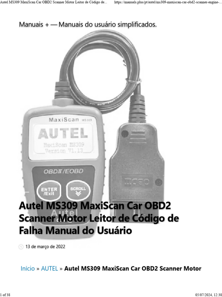 Autel MS309 MaxiScan Car OBD2 Scanner Motor Leitor de Código de Falha Manual Do Usuário | PDF ...