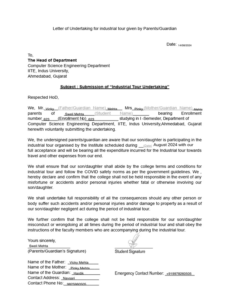 Letter of Undertaking For Industrial Tour Given by Parents - Guardian ...