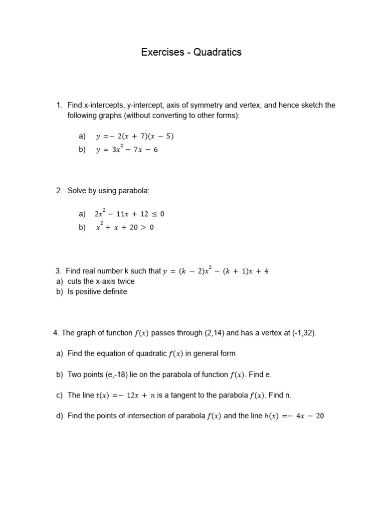 Exercises - Quadratic Functions and Optimisation | PDF