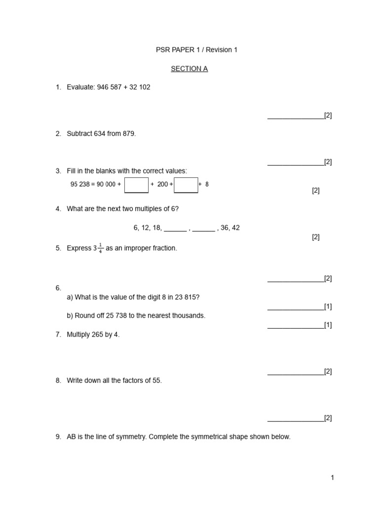 PSR Maths PYP1 2023 | PDF