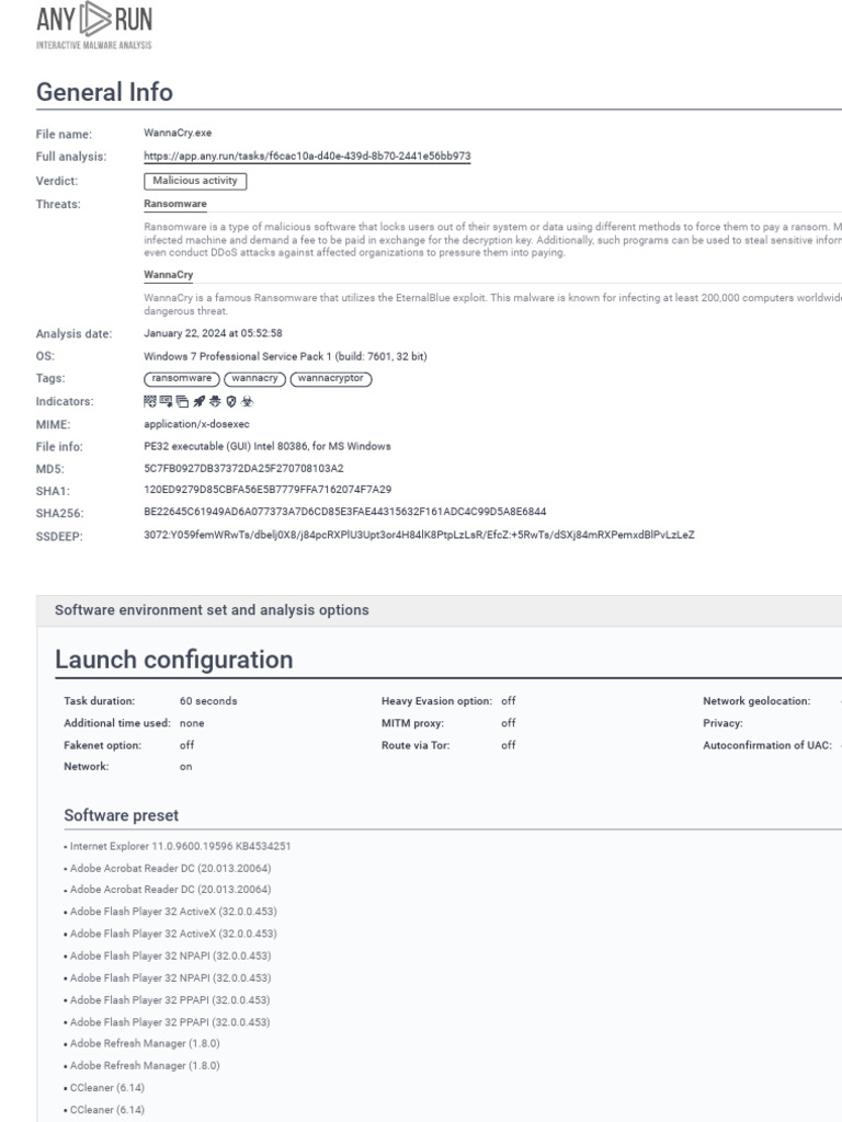 Malware Analysis WannaCry - Exe Malicious Activity - ANY - Run - Malware Sandbox Online | PDF