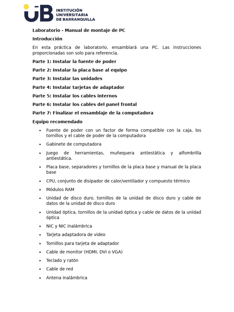 Laboratorio - Ensamble de La PC | PDF