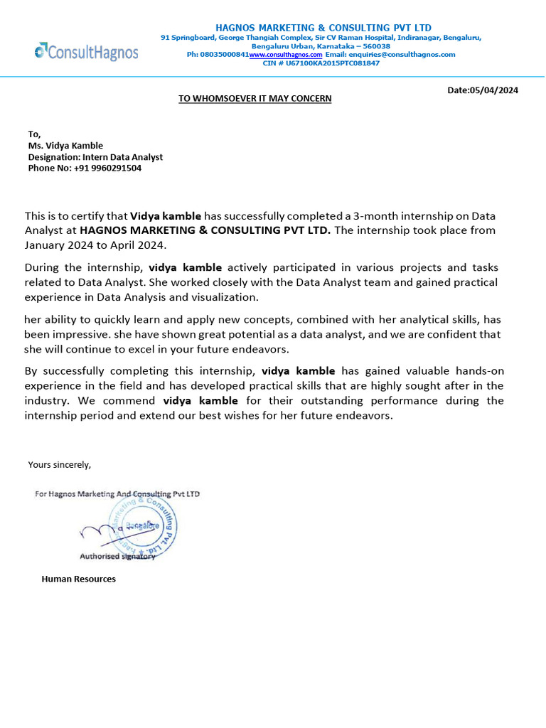 Letter of Internship Vidya Kamble | PDF
