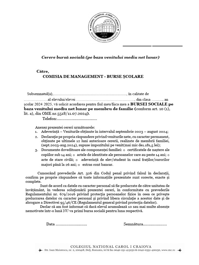 Cerere Bursa Social Venit2024 2025 | PDF