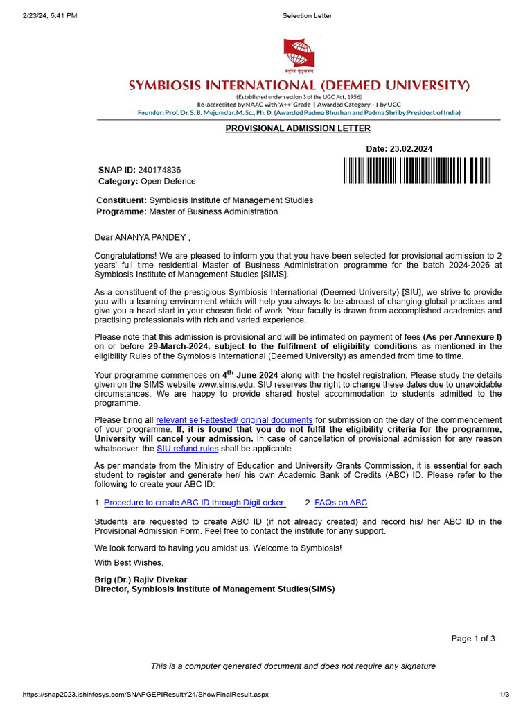 Selection Letter | PDF