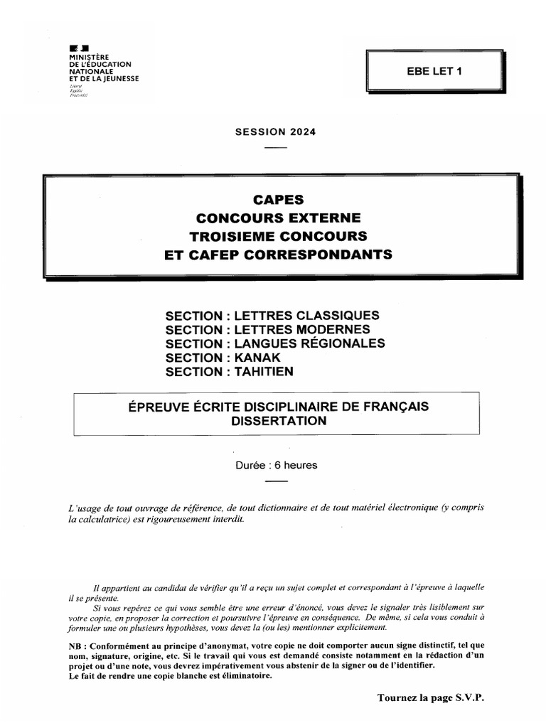 Capes Externe Section Lettres Lettres Classiques Sujet de La Premi Re Preuve Crite de La Session ...