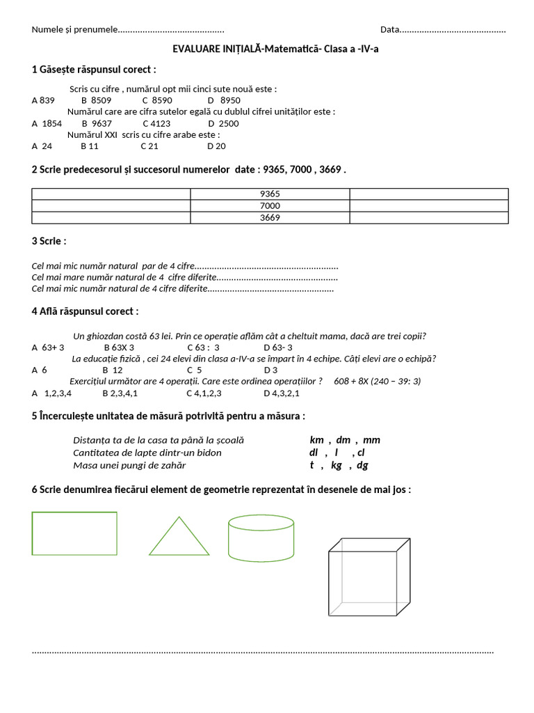 Evaluare Initiala Matematicacl 4 | PDF