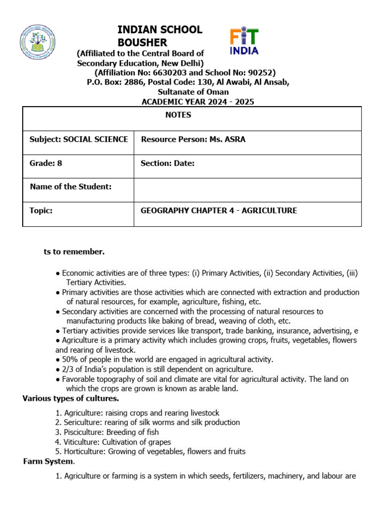 Gr8-Sst-Notes-Geo-Agriculture Term-1 | PDF