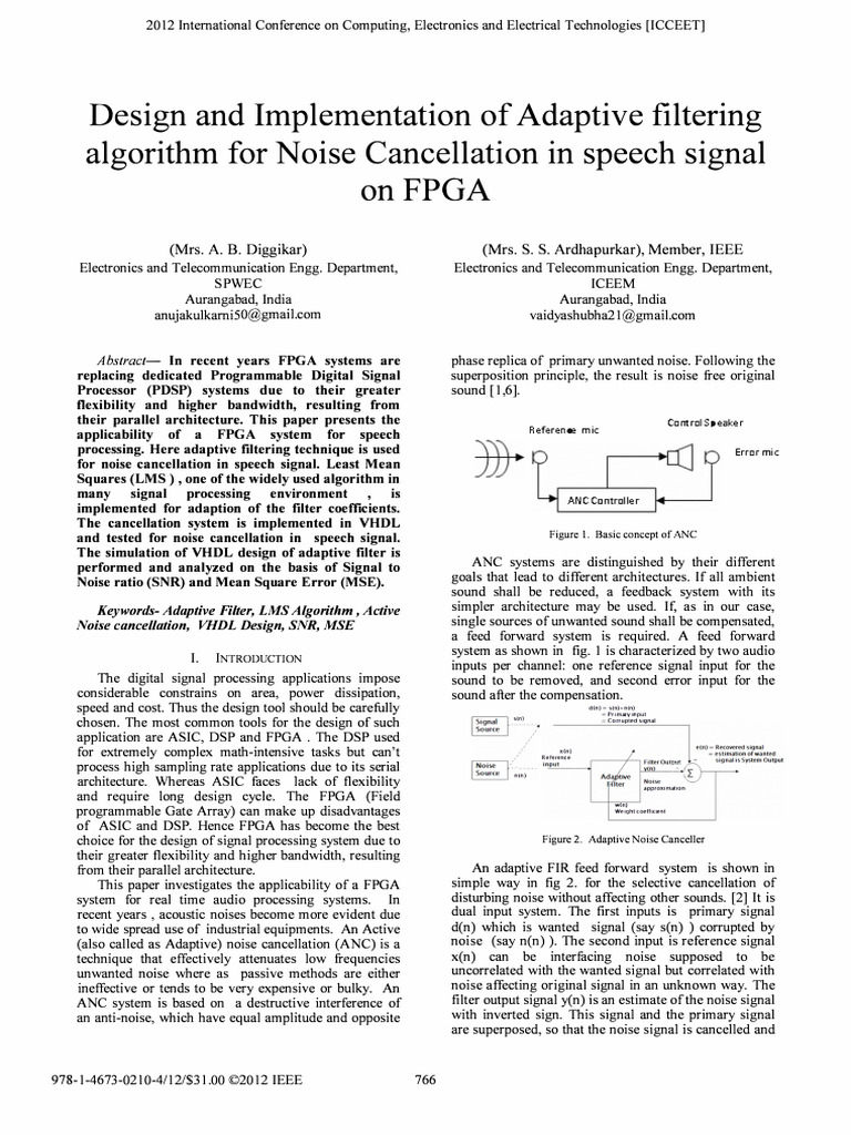 Design and Implementation of Adaptive Filtering Algorithm For Noise Cancellation in Speech ...