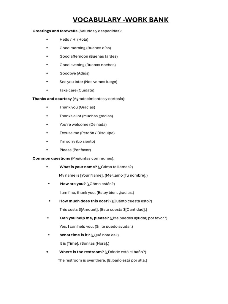 Vocabulary - Work Bank | PDF