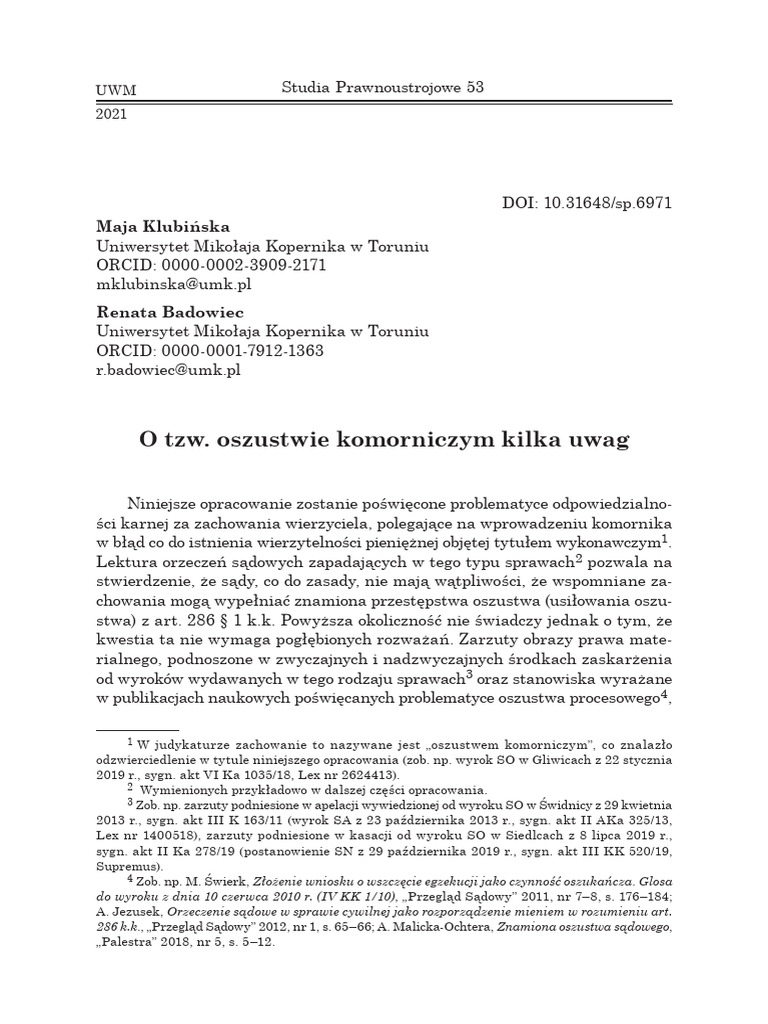 O Tzw. Oszustwie Komorniczym Kilka Uwag: Maja Klubińska | PDF