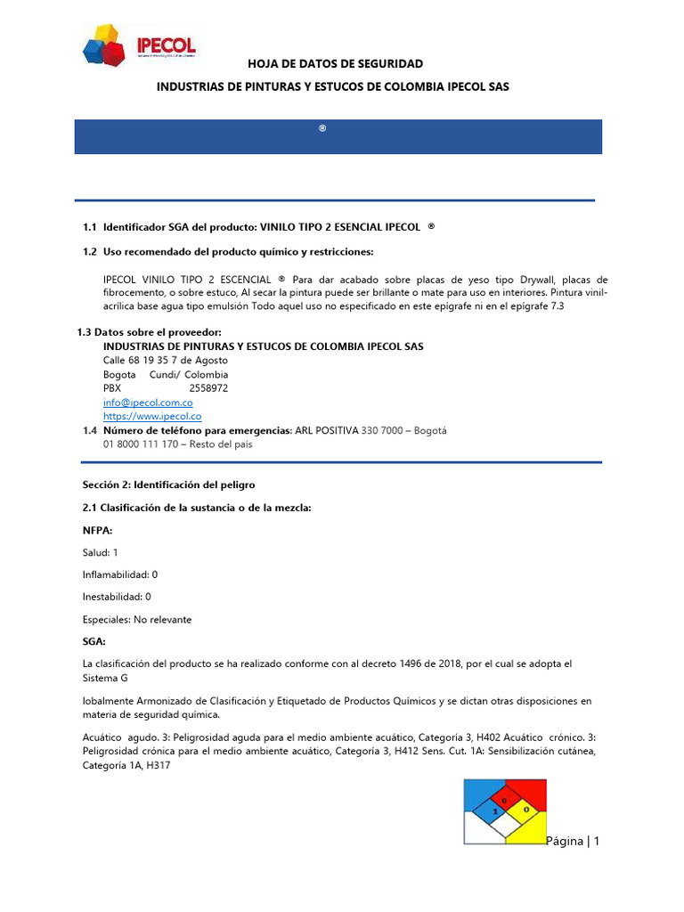 Hoja de Seguridad Vinilo Tipo 2 Esencial | PDF | Toxicidad | Agua