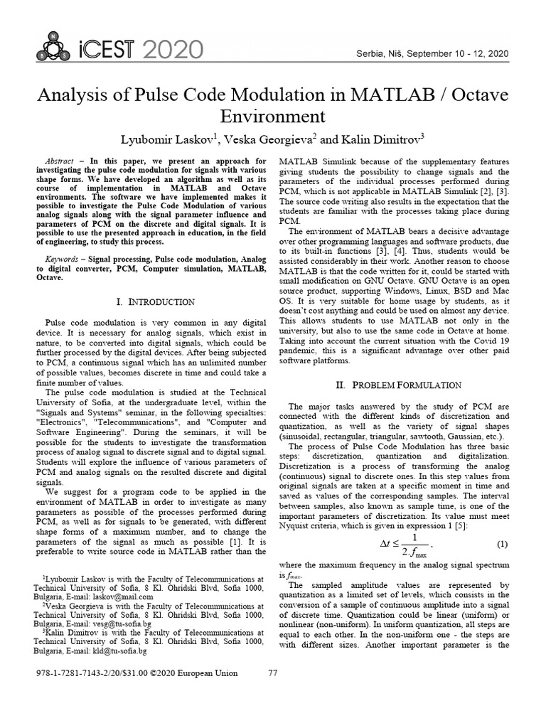 Analysis Of Pulse Code Modulation In Matlab Octave Environment Pdf