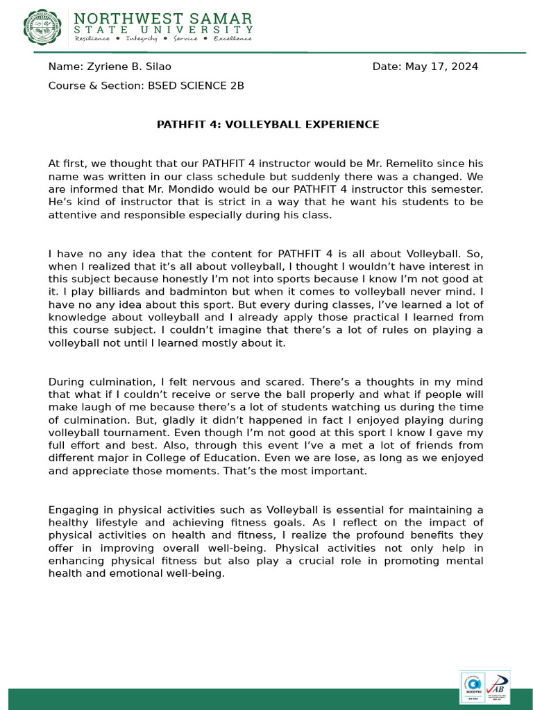 Pathfit 4 Reflection | PDF