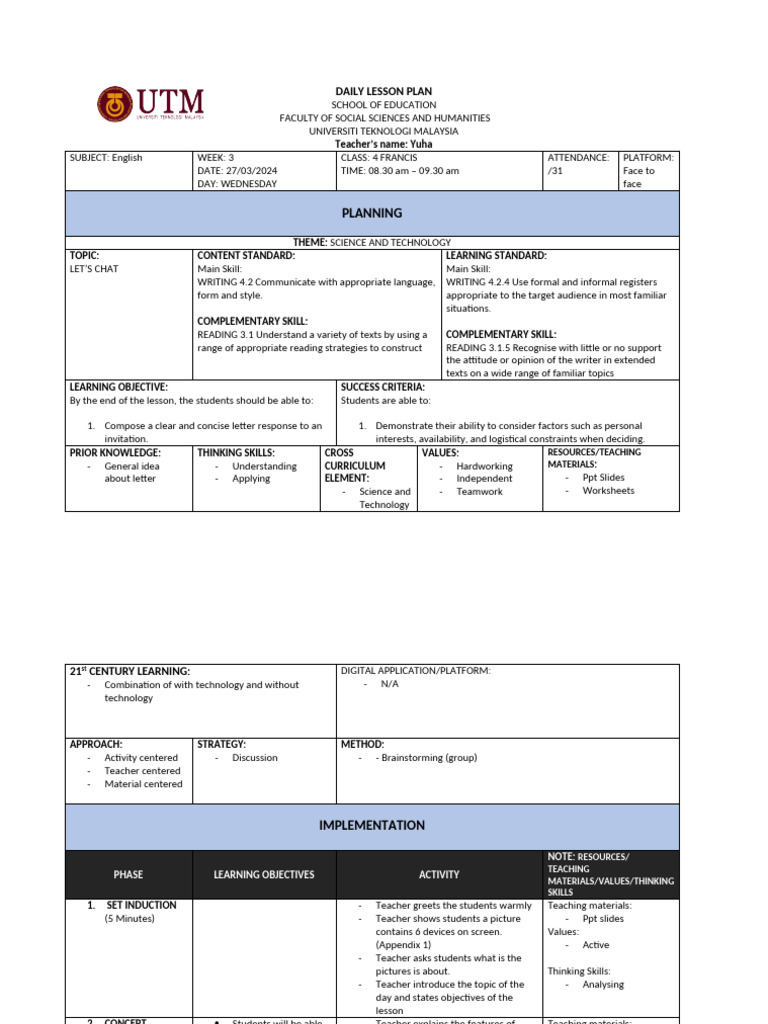 RPH F4 ENGLISH (4 Francis) - Wed | PDF
