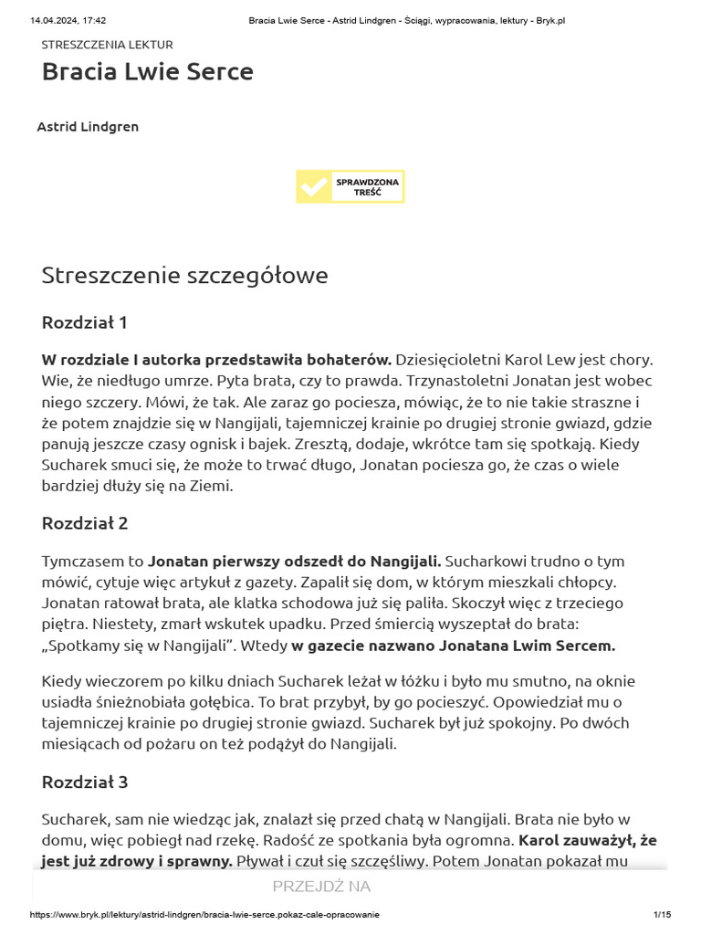 Bracia Lwie Serce - Astrid Lindgren - Opracowanie | PDF