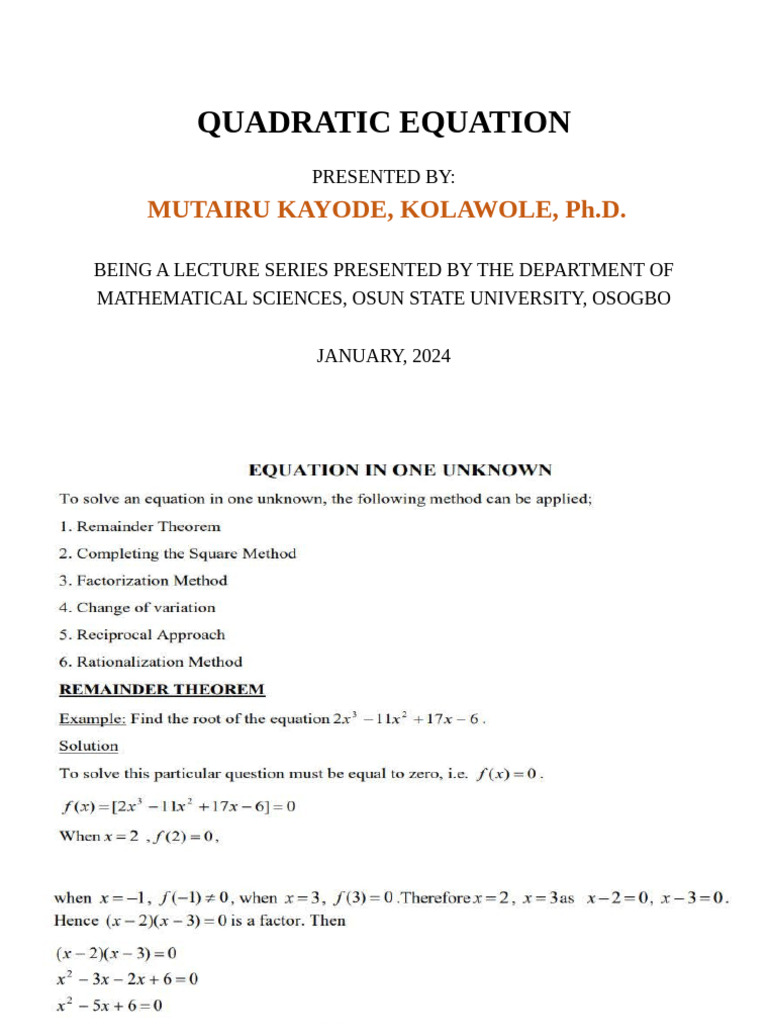 New Quadratic Equations Slide | PDF