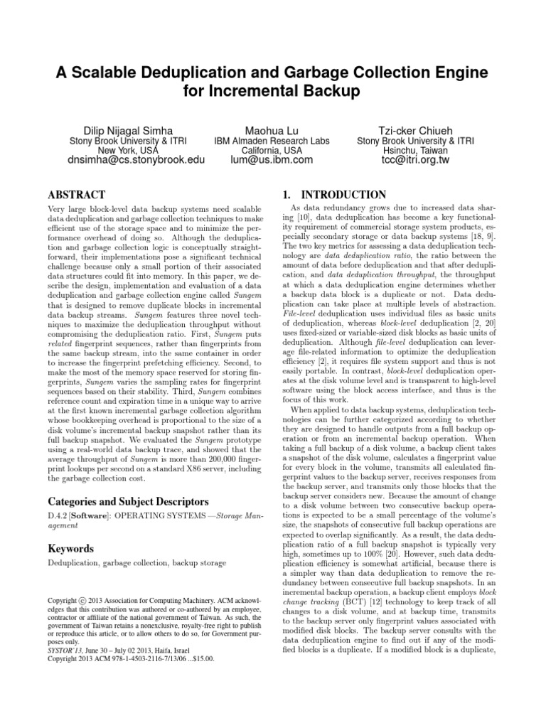 A Scalable Deduplication and Garbage Collection Engine | PDF