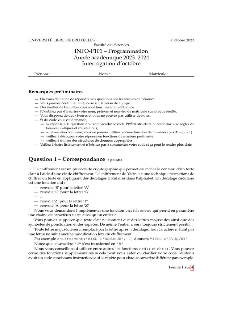 Interrogation INFO F 101 - TH Orie 30 Octobre 2023 - Questionnaire A | PDF