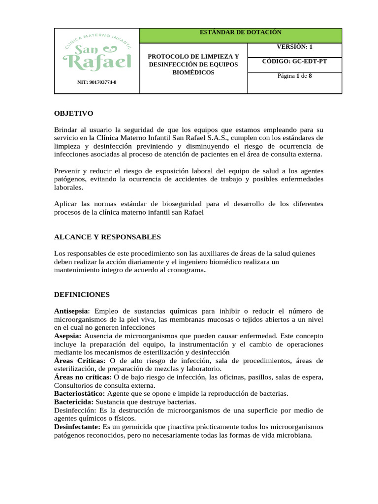 GC-EDT-PT PROTOCOLO DE LIMPIEZA Y DESINFECCION EQUIPOS BIOMEDICOS | PDF